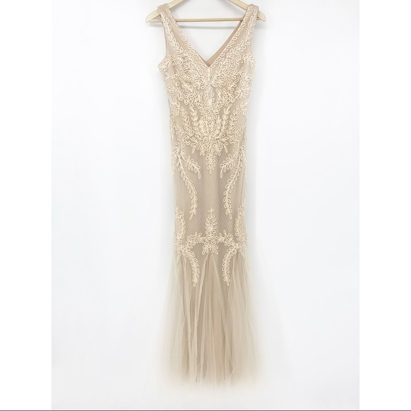 Cachet | Dresses | Cachet Tan Tule Lace Embroidered Evening Dress ...